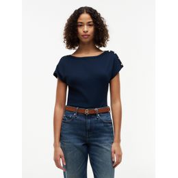 Kurzarmshirt Tommy Hilfiger "GOLD BTN CAP-SLV BOAT-NK TEE", Damen, Gr. L (42/44), schwarz night navy, Single Jersey, Obermaterial: 100% Baumwolle, unifarben, regular fit normal, U-Boot-Ausschnitt, eingesetzt gerader Abschluss, Shirts, Baumwolle, mit goldfarbenen Kn&ouml;pfen