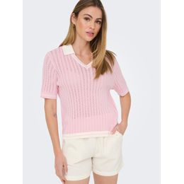 Polokragenpullover Only "ONLSPORTI SS POLO KNT NOOS", Damen, Gr. L, icy pink detail:snow wei&szlig;, Strick, Obermaterial: 100% Baumwolle, unifarben mit Farbeinsatz, regular fit normal, V-Ausschnitt, Pullover, Baumwolle, regular fit