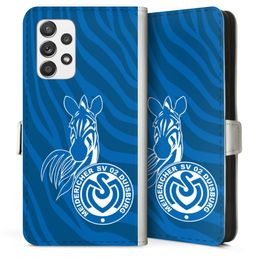 DeinDesign Galaxy A52s 5G Handy Klapph&uuml;lle Handyh&uuml;lle aus Kunst Leder wei&szlig; Flip Case Merchandise Msv Duisburg Zebra Sideflip mit Lasche