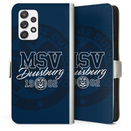 DeinDesign Galaxy A52s 5G Handy Klapph&uuml;lle Handyh&uuml;lle aus Kunst Leder wei&szlig; Flip Case Soccer Merchandise Msv Duisburg Sideflip mit Lasche