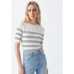 Strickpullover Mavi "SHORT SLEEVE TRICOT", Damen, Gr. L, peacoat stripe, Stoff, 90% Baumwolle, 10% Polyester, k&ouml;rpernah normal, Rundhals, normaler Saum, Pullover Strickpullover, Top Strick