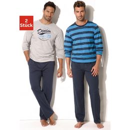 H.I.S. Pyjama H.I.S, Herren, Gr. 44/46 (S), blau (marine, grau, meliert, marine, aquablau), Jersey, Obermaterial: 100% Baumwolle, bedruckt, gestreift, Basic, bequem lang, Rundhals, abgesteppte Kante, Homewear-Sets Pyjama, Schlafanzug mit unterschiedlichem Design