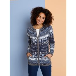 Jacquardstrickjacke Classic Basics, Damen, Gr. 42, bunt (marine, bleu, gemustert), 100% Polyacryl, gemustert, Strickjacken