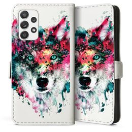 DeinDesign Galaxy A52s 5G Handy Klapph&uuml;lle Handyh&uuml;lle aus Kunst Leder wei&szlig; Flip Case Colourful Wolf Riza Peker Sideflip mit Lasche