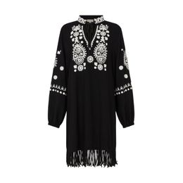 Midikleid RAFFYA "Katie Fringe Embroidered Mini Dress Damen", Damen, Gr. 36, Normalgr&ouml;&szlig;en, schwarz, 70% Viskose, 30% Leinen, Kleider Midikleid
