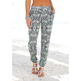Strandhose Lascana, Damen, Gr. 34, N-Gr, blau (marine, bedruckt), Jersey, Obermaterial: 95% Viskose, 5% Elasthan, bedruckt, figurumspielend lang, Hosen Strandhose, mit Ethnoprint und Taschen, leichte Sommerhose, Jerseyhose