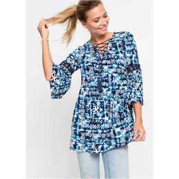 bonprix Tunika aus flie&szlig;ender Viskose, wei&szlig;, Gr.48/50 (XL), Moderne Shirtbluse mit Batikmuster und Schn&uuml;rung am Ausschnitt, aus Viskose