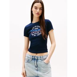 Kurzarmshirt Tommy Jeans "TJW SLIM SH TOMMY NY RIB TEE", Damen, Gr. L (42/44), dunkelblau, Single Jersey, Obermaterial: 95% Baumwolle, 5% Elasthan, bedruckt, slim fit normal, Rundhals, Shirts, Baumwollmischung, slim fit, in gerippter Struktur