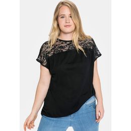 Spitzenshirt sheego "Spitzenshirt", Damen, Gr. 40/42, schwarz, 100% Viskose, unifarben, Rundhals, Shirts