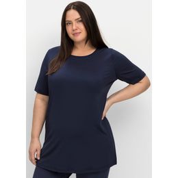 Longshirt sheego "Longshirt", Damen, Gr. 44/46, blau (marine), 90% Polyester, 10% Elasthan, unifarben, Rundhals, Shirts Longshirt