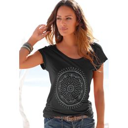 Strandshirt Lascana, Damen, Gr. 40/42, schwarz, Jersey, Obermaterial: 100% Viskose, unifarben, figurumspielend h&uuml;ftlang, Rundhals, Shirts, mit Print und gl&auml;nzendem Effekt, Ethno-Look, casual, Topseller