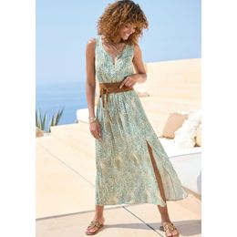 Midikleid Lascana, Damen, Gr. 34, N-Gr, t&uuml;rkis, beige bedruckt, Web, Obermaterial: 100% Viskose, bedruckt, figurumspielend Midi, Rundhals, Kleider Midikleid, mit Rei&szlig;verschluss am Ausschnitt, Animal Print