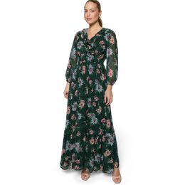 Chiffonkleid Zero "Damen langarm mit Blumen", Damen, Gr. 34, Normalgr&ouml;&szlig;en, dunkelgr&uuml;n, pink, Chiffon, Obermaterial: 100% Polyester, bedruckt, A-Linie lang, V-Ausschnitt, Kleider Chiffonkleid, R&uuml;schen