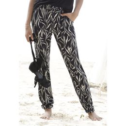 Strandhose Buffalo, Damen, Gr. 34, N-Gr, schwarz (schwarz, gr&uuml;n bedruckt), Jersey, Obermaterial: 100% Viskose, bedruckt, figurumspielend lang, Hosen Strandhose, aus Viskose mit Taschen, Elastikbund, leichte Sommerhose, Jerseyhose