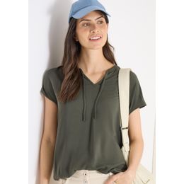 Kurzarmbluse Cecil, Damen, Gr. L (42), khaki, Stoff, Vorderseite: 100% Viskose; R&uuml;ckseite: 95% Viskose, 5% Elasthan, unifarben, klassisch normal, V-Ausschnitt, abgesteppt, Blusen, mit Strukturmix