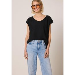 Kurzarmbluse STREET ONE STUDIO, Damen, Gr. 34, schwarz, Stoff, 100% Viskose, unifarben, normal normal, V-Ausschnitt, abgesteppt, Blusen, aus softer Viskose