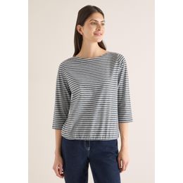 3/4-Arm-Shirt Cecil, Damen, Gr. L (42), universal blau, Web, 100% Baumwolle, gestreift, comfort fit normal, U-Boot-Ausschnitt, abgesteppt, Shirts 3/4-Arm-Shirt, mit U-Boot-Ausschnitt