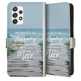 DeinDesign Galaxy A52 5G Handy Klapph&uuml;lle Handyh&uuml;lle aus Kunst Leder wei&szlig; Flip Case Statement Beach Spruch Sideflip mit Lasche