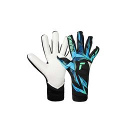 Torwarthandschuhe Reusch "Attrakt RE:GRIP Strapless", Damen, Gr. 10.5, schwarz, hellblau, 55% Polyester, 44% Latex, 1% Baumwolle, Handschuhe, mit griffigem Profi-Haftschaum