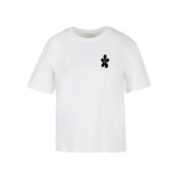T-Shirt MISS TEE "Miss Tee Good Karma Happy Flower Tee", Damen, Gr. L, wei&szlig;, 100% Baumwolle, bedruckt, normal, Rundhals, Shirts T-Shirt