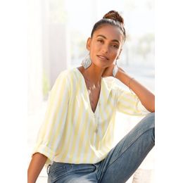 Schlupfbluse Lascana, Damen, Gr. 34, gelb (wei&szlig;, gelb), Web, Obermaterial: 100% Viskose, gestreift, figurumspielend h&uuml;ftlang, V-Ausschnitt, Blusen Schlupfbluse, mit Streifenprint, leichte Webware, Damenbluse, Topseller