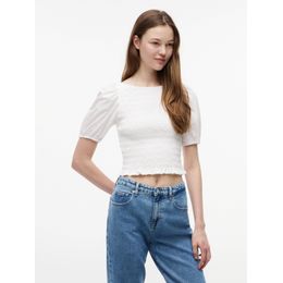 Kurzarmbluse Tommy Jeans "TJW SMOCKED SS BLOUSE", Damen, Gr. M (40), ecru, Web, Obermaterial: 100% Baumwolle, unifarben, taillenlang, U-Boot-Ausschnitt, elastischer Bund, Blusen, Baumwolle, Puff&auml;rmel