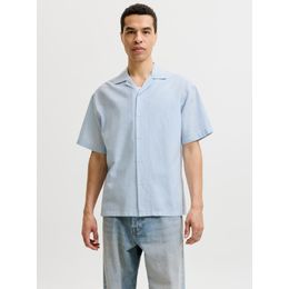 Jack & Jones Kurzarmhemd JACK & JONES "JJEBREEZE LINEN BLEND RESORT SHIRT SS SN", Herren, Gr. M, N-Gr, celestial blau, Web, Obermaterial: 70% Baumwolle, 30% Leinen, unifarben, normal, Hemden, mit Knopfleiste