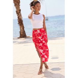 Jerseyrock Lascana, Damen, Gr. 34, rot gebl&uuml;mt, Jersey, Obermaterial: 95% Viskose, 5% Elasthan, bedruckt, gebl&uuml;mt, figurbetont ca. Mitte Wade, R&ouml;cke, mit seitlicher Raffung und Schlitz, Midirock mit Blumendruck