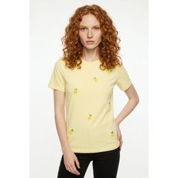 Kurzarmshirt Only CARMAKOMA "CARKITA LIFE S/S PEARL TOP JRS", Damen, Gr. L, sunlight aop:lemon, Jersey, Obermaterial: 100% Baumwolle, bedruckt, normal, Rundhals, Shirts