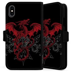 DeinDesign iPhone X Handy Klapph&uuml;lle Handyh&uuml;lle aus Kunst Leder schwarz Flip Case Red Dragon Gothic Sideflip mit langer Lasche