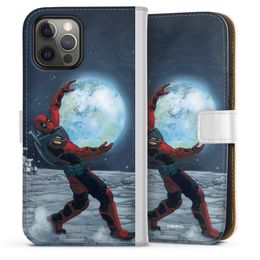 DeinDesign iPhone 12 Pro Max Handy Klapph&uuml;lle Handyh&uuml;lle aus Kunst Leder wei&szlig; Flip Case Moon Marvel Deadpool Sideflip mit Lasche
