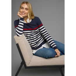 Strickpullover AJC, Damen, Gr. 32/34 (XS), bunt (marine, wei&szlig;, rot), Feinstrick, Obermaterial: 85% Baumwolle, 15% Polyacryl, bestickt, geringelt, gestreift, sehr figurbetont h&uuml;ftlang, Rundhals, Rippb&uuml;ndchen, Pullover Strickpullover, mit modischen Kontraststreifen