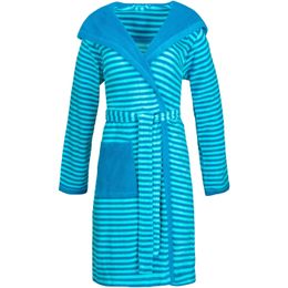 Damenbademantel Esprit "Striped Hoody, ideal f&uuml;r Sauna & Spa, Hotelbademantel, Morgenmantel" Gr. L, blau (turquoise), L:97cm, Rundstrickware, Hausm&auml;ntel, mit Kapuze, gestreift