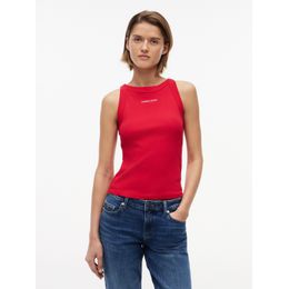 Ripptanktop Tommy Jeans "TJW SLIM ESS LOGO 1 RIB TANK", Damen, Gr. L (42/44), amaryllis rot, Single Jersey, Obermaterial: 95% Baumwolle, 5% Elasthan, slim fit normal, Rundhals, Tops, Baumwollmischung, slim fit, in gerippter Struktur