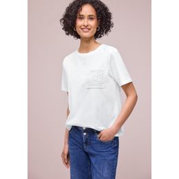 Kurzarmshirt Street One, Damen, Gr. 34, sanftes wei&szlig;, Jersey, Obermaterial: 100% Baumwolle, unifarben, regular fit h&uuml;ftbedeckend, Rundhals, abgesteppte Kante, Shirts, Sommershirt mit Rundhals und Crochet-Tasche