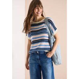 Kurzarmpullover Cecil, Damen, Gr. L (42), universal blau, Web, 60% Baumwolle, 40% Nylon, unifarben, comfort fit normal, U-Boot-Ausschnitt, B&uuml;ndchen, Pullover, mit Elastiksaum