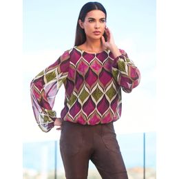 Druckbluse Heine, Damen, Gr. 34, lila (malve, schilf, bedruckt), 100% Polyester, bedruckt, gemustert, mehrfarbig, Rundhals, Blusen Druckbluse