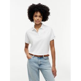 Poloshirt Tommy Hilfiger "TH SCRIPT MODERN SS POLO", Damen, Gr. L (42/44), ecru, Single Jersey, Obermaterial: 96% Baumwolle, 4% Elasthan, unifarben, regular fit normal, Rundhals, eingesetzt gerader Abschluss, Shirts, Baumwollmischung, Polokragen, kurze Knopfleiste
