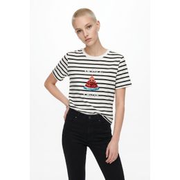 Kurzarmshirt Only "ONLKITA S/S TEE JRS NOOS", Damen, Gr. L, cloud dancer stripes:schwarz, sequin watermelon, Jersey, Obermaterial: 100% Baumwolle, gestreift, regular fit normal, Rundhals, Shirts, Baumwolle, regular fit