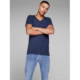 Jack & Jones T-Shirt JACK & JONES "SLIM- FIT BASIC TEE V-NECK", Herren, Gr. S, blau (navy blazer), Jersey, Obermaterial: 92% Baumwolle, 8% Elasthan, unifarben, schmal h&uuml;ftbedeckend, V-Ausschnitt, Shirts T-Shirt, mit V-Ausschnitt