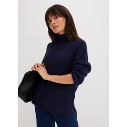 Rollkragenpullover bonprix "Rollkragenpullover aus reiner Baumwolle", Damen, Gr. 48/50 (XL), blau (dunkelblau), Grobstrick, Obermaterial: 100% Baumwolle, unifarben, oversize Po-bedeckend, hoch geschlossener Ausschnitt, gerader Abschluss, Pullover Rollkragenpullover, im Grobstrick aus Baumwolle, Seitenschlitze, hinten l&auml;nger geschnitten