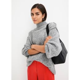 Strickpullover bonprix "Grobstrick-Pullover", Damen, Gr. 40/42 (M), grau (grau meliert), Grobstrick, Obermaterial: 56% Polyester, 31% Polyacryl, 7% Polyamid, 6% Wolle, meliert, unifarben, oversize Po-bedeckend, hoch geschlossener Ausschnitt, Strickb&uuml;ndchen, Pullover Strickpullover, mit Wollanteil, mit Stehkragen, oversized, markante N&auml;hte