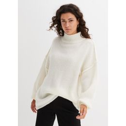 Strickpullover bonprix "Grobstrick-Pullover", Damen, Gr. 36/38 (S), wei&szlig; (wollwei&szlig;), Grobstrick, Obermaterial: 56% Polyester, 31% Polyacryl, 7% Polyamid, 6% Wolle, unifarben, oversize Po-bedeckend, hoch geschlossener Ausschnitt, Strickb&uuml;ndchen, Pullover Strickpullover, mit Wollanteil, mit Stehkragen, oversized, markante N&auml;hte