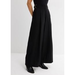 bonprix Hose mit Seitenschnallen aus Viskose-Mix, schwarz, Gr.44, Locker geschnittene Hose mit Bundfalten und B&uuml;gelfalte vorne und hinten. Dezente Seitentaschen und ein verstellbarer Riegel mit Metallschnalle an beiden Seiten des Bunds., aus Viskose