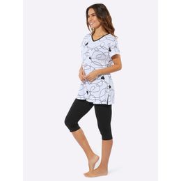 Damen Capri-Schlafanzug aus Longshirt und Leggings wei&szlig;-schwarz, Gr&ouml;&szlig;e 48/50
