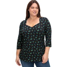 sheego Damen T-Shirt mit Blumenprint und Herzausschnitt schwarz-gemustert Gr&ouml;&szlig;e 40/42