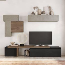 Pharao24.de Wohnwand modern TV Wohnwand in Schwarz matt und Beton Grau (siebenteilig)