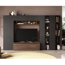 Pharao24.de TV Wohnwand Schrankwand Wohnzimmer in Schwarz matt 305 cm breit (achtteilig)