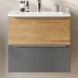 Pharao24.de Waschtischschrank Badschrank mit zwei Schubladen in Grau matt & Wildeichefarben