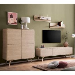Pharao24.de Schrankwand TV Wohnwand im Skandi Design in Eichefarben (vierteilig)